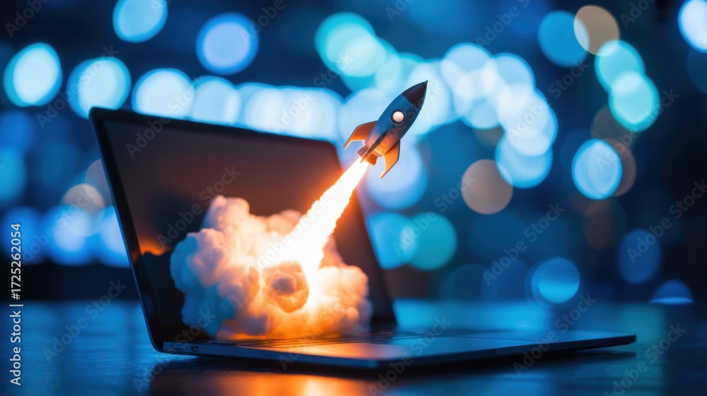 Innovation Launch: A futuristic scene captures a rocket ship blasting ...