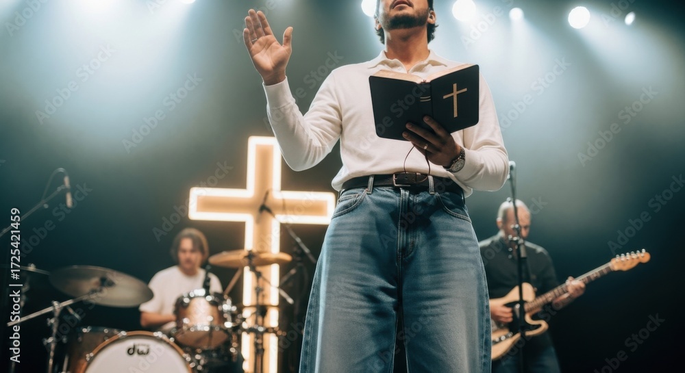 Male priest holding Bible on stage. Christian worship concert with band ...