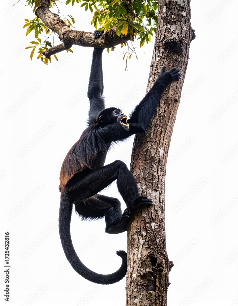 Spider monkey clinging to tree displaying its teeth in a natural ...