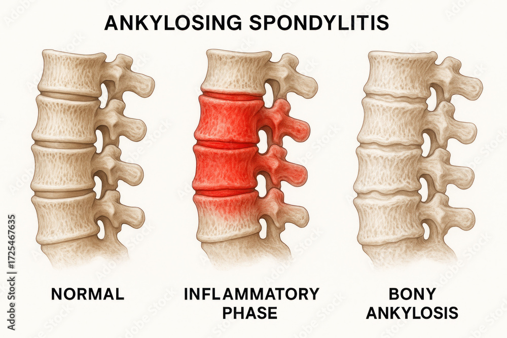 Illustration showing normal spine, inflammatory phase of ankylosing ...