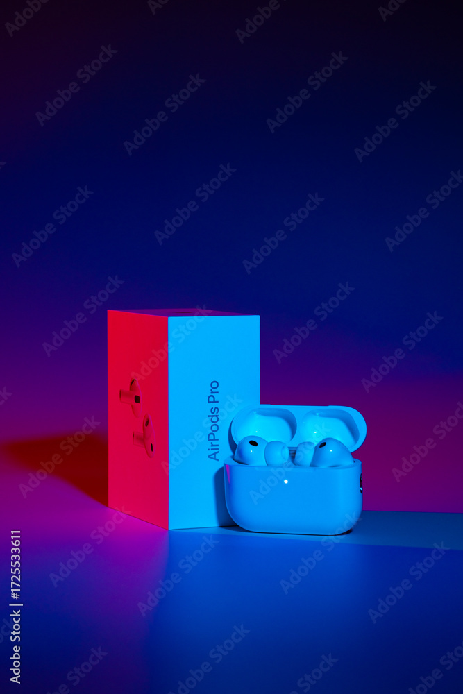 Apple AirPods Pro 3 and packaging in colorful lighting on September 23 ...
