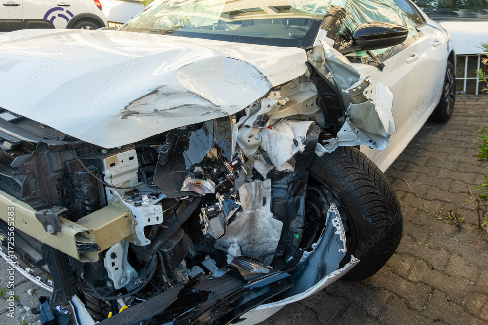 Severely damaged white car after collision, crumpled hood and exposed ...
