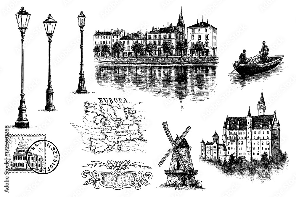 Vintage European landmarks collage with cathedrals castles gondola map ...