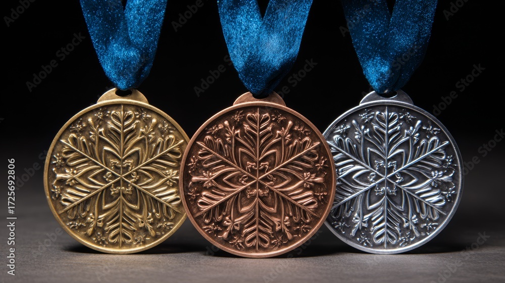 Foto de Stock Gold, silver, and bronze Winter Olympic medals with a ...