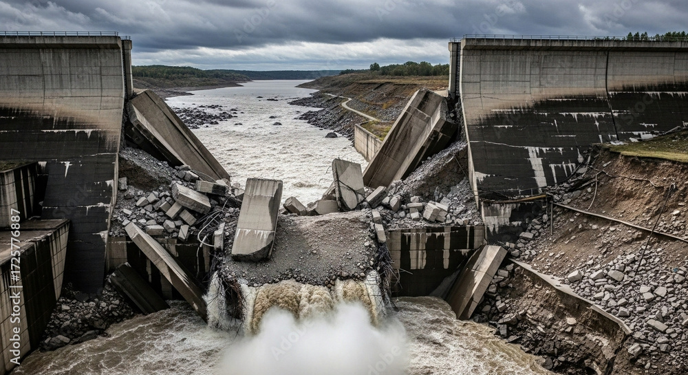 Damaged Dam Structure Showing Catastrophic Failure and Water Flowing ...