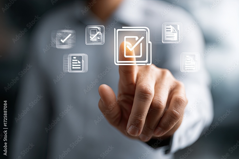 Close-up of a person's finger touching a digital folder icon with a ...