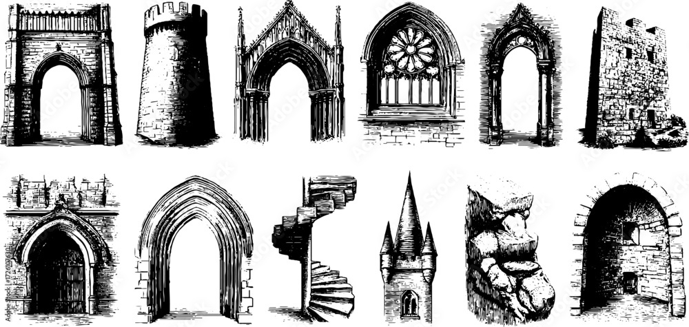 Gothic architecture collection: hand drawn illustrations of arches ...