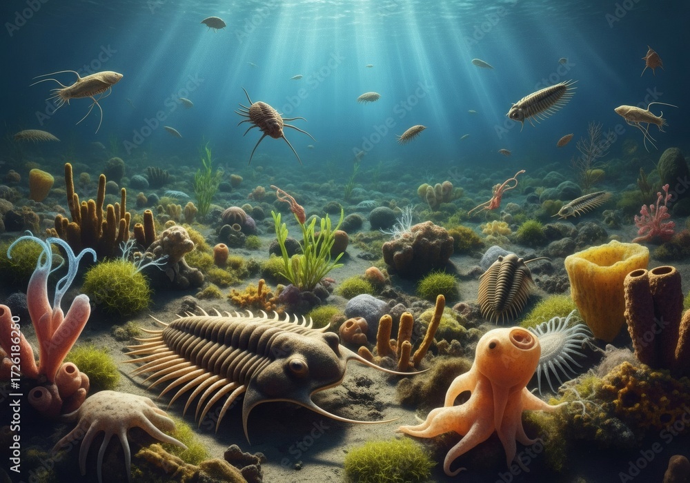 Ilustración de Stock Cambrian period marine life with trilobites and ...