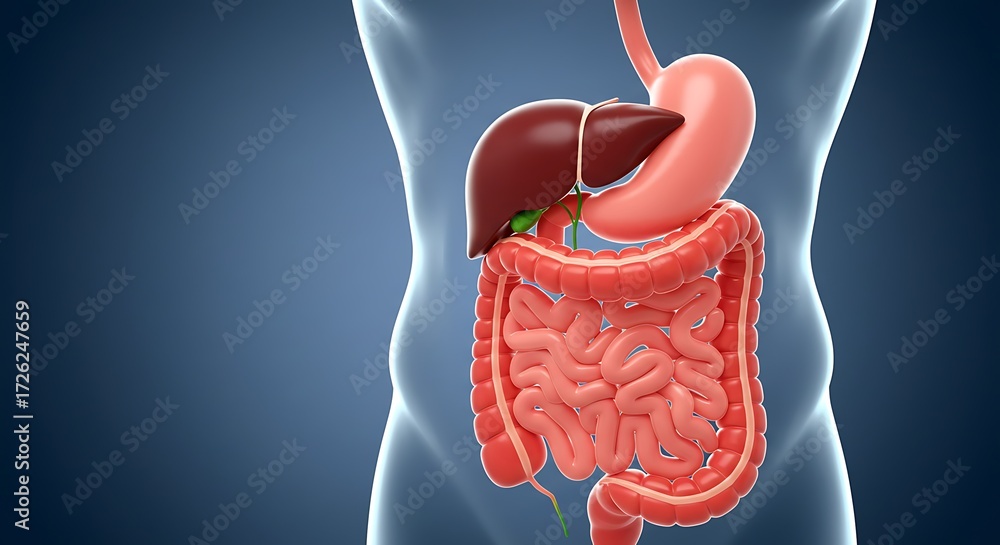 Human digestive system anatomy with liver, stomach, and intestines on a ...