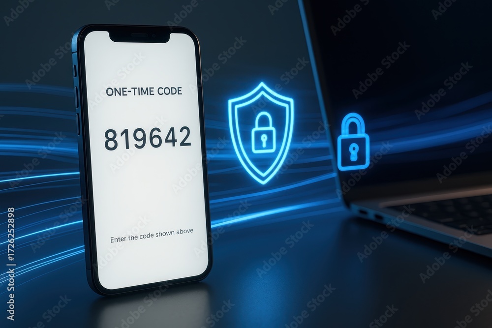 Passkey and authenticator app verifying identity across laptop and phone with zero trust multi ...