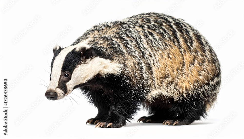 Fotografia do Stock European badger stands alert—black and white facial ...
