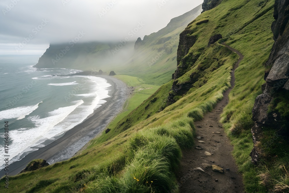 Ultra HD Narrow Grassy Path on Steep Cliff Leading to Foggy Hidden ...