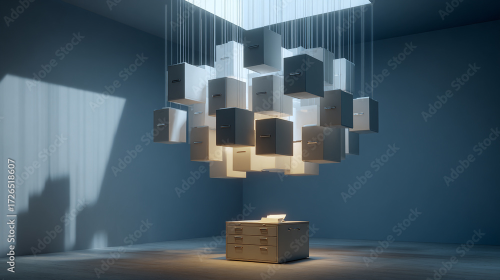 Suspended Filing Boxes with Unlabeled Folders in Soft Particulate Light ...