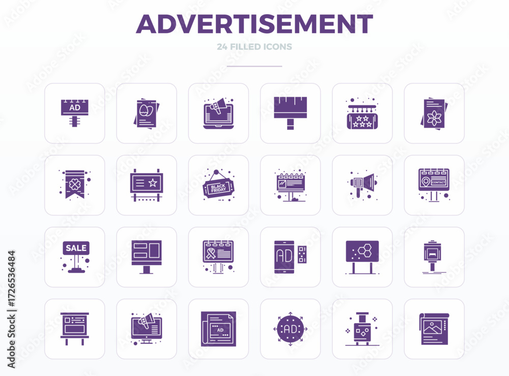 Streamlined set of 24 vector icons for Advertisement in SolidFill ...