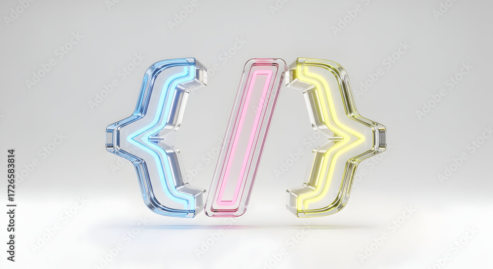 Neon code brackets glow, symbolizing programming, technology, and digital creation. Stock ...