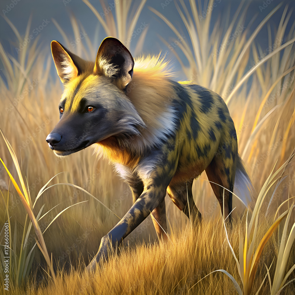 African wild dog in tall grass stalking prey in the savanna. Wildlife ...