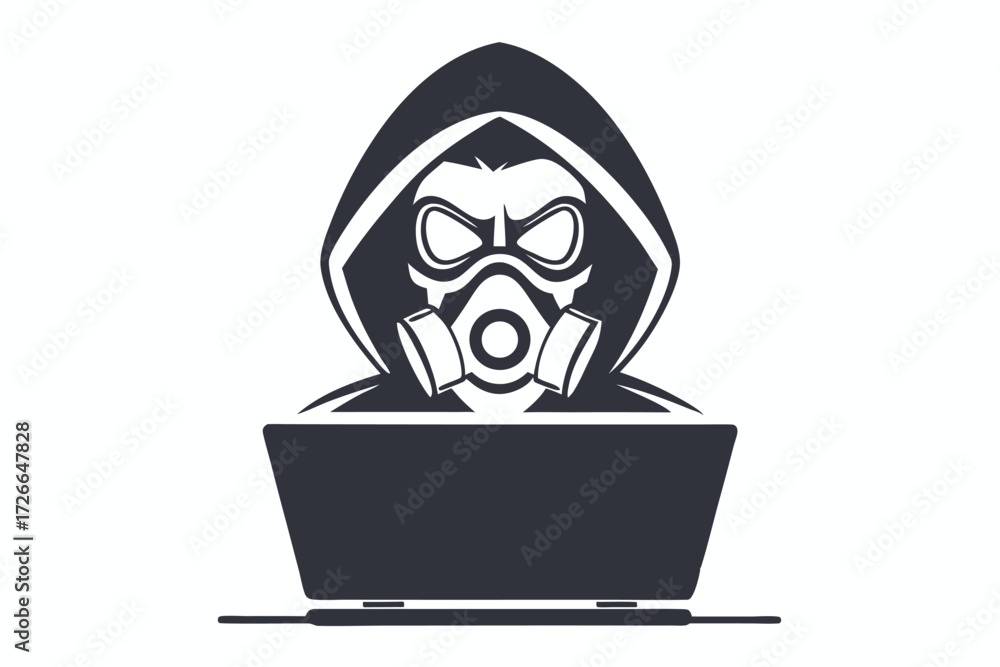 Person in hood and gas mask uses laptop with leaking toxic containers ...