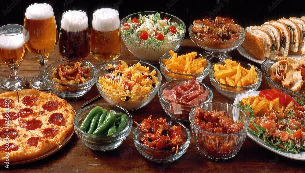 Buffet spread of various foods and drinks Stock Photo | Adobe Stock