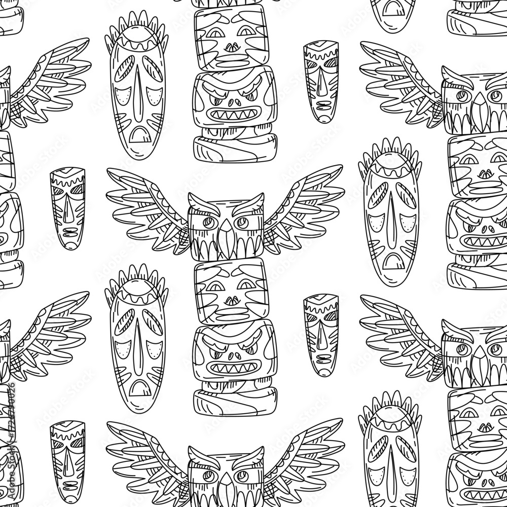 pattern of a wooden totem pole with various animals and masks of native ...