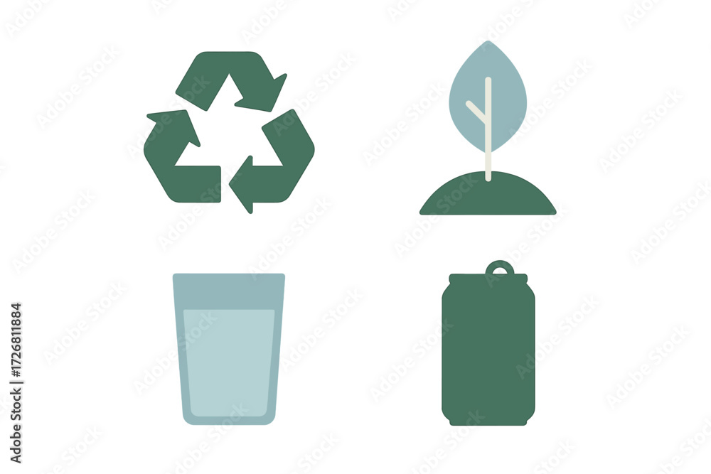 Symbols of sustainability including recycling, nature, water ...