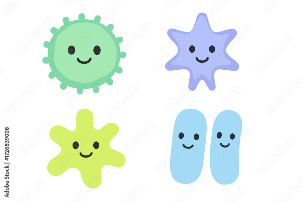 Cute cartoon germs and bacteria in bright colors with smiling faces in ...