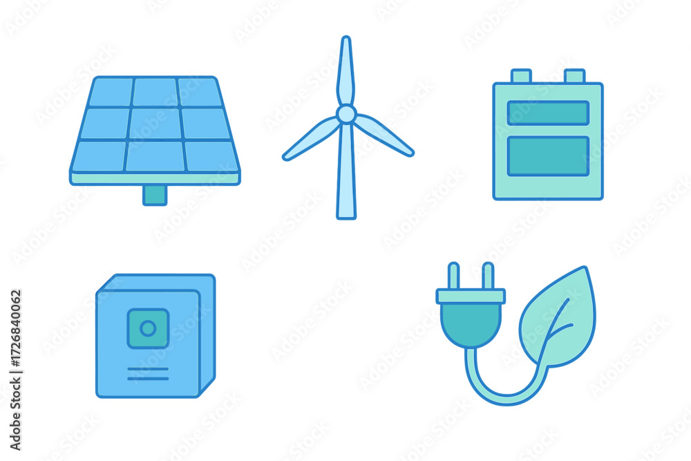 Renewable energy icons representing solar, wind, and battery power for ...