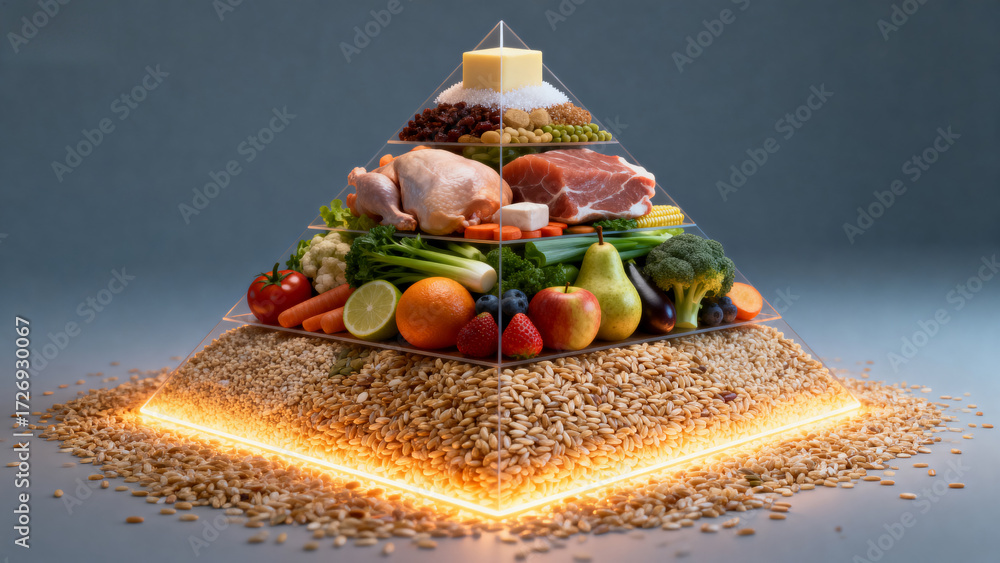 Pyramid of food with grains, vegetables, meats, and cheese arranged in ...