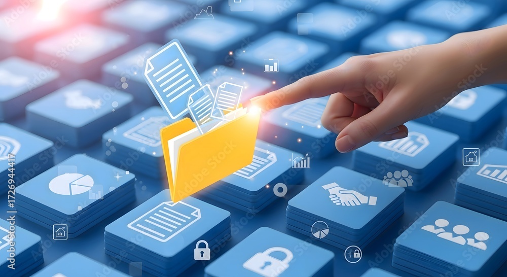 Finger pointing at a yellow folder icon with documents on a blue ...