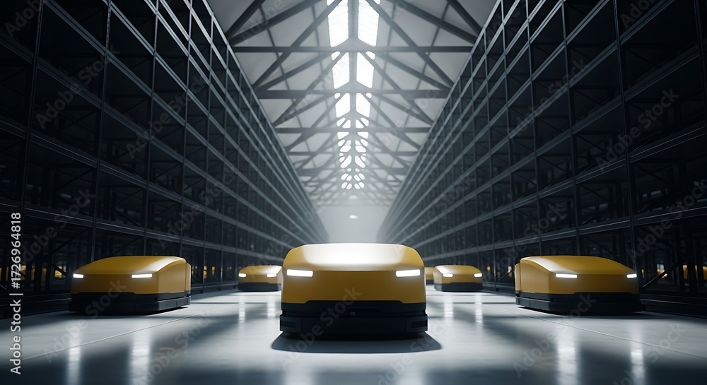 Autonomous yellow warehouse robots fleet operating in high bay storage ...