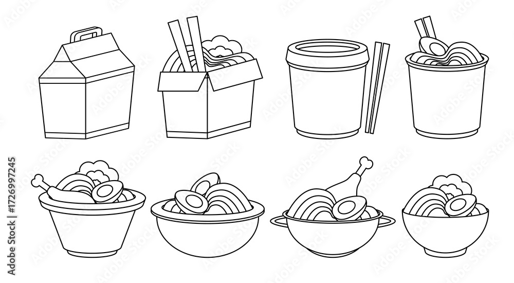 ramen and noodle dishes icon collection of black and white line art ...