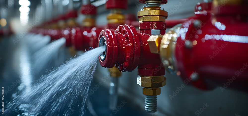Water sprays from red sprinkler device linked to industrial piping and ...