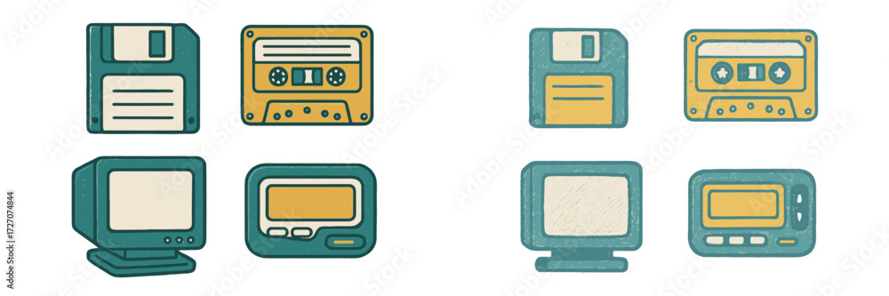 Vintage technology icons showcasing the evolution of storage and ...