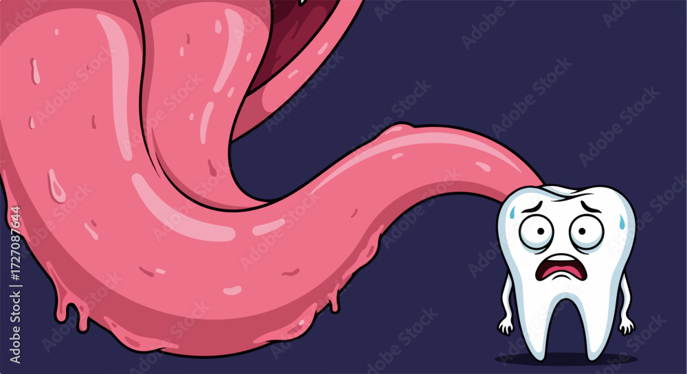 Cartoon tongue with a scared tooth, representing dental health concerns ...