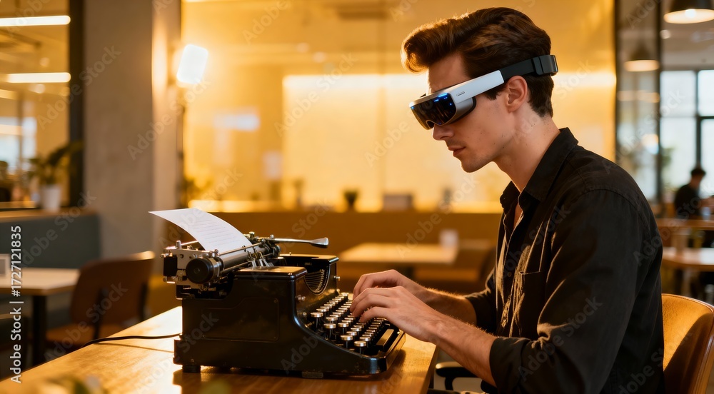Creative writer blending eras, using advanced smart glasses while ...