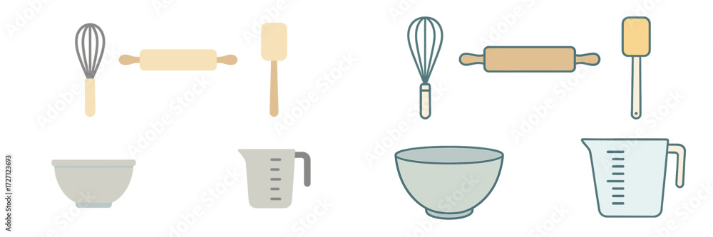 Kitchen tools and utensils displayed in a simple layout for cooking and ...