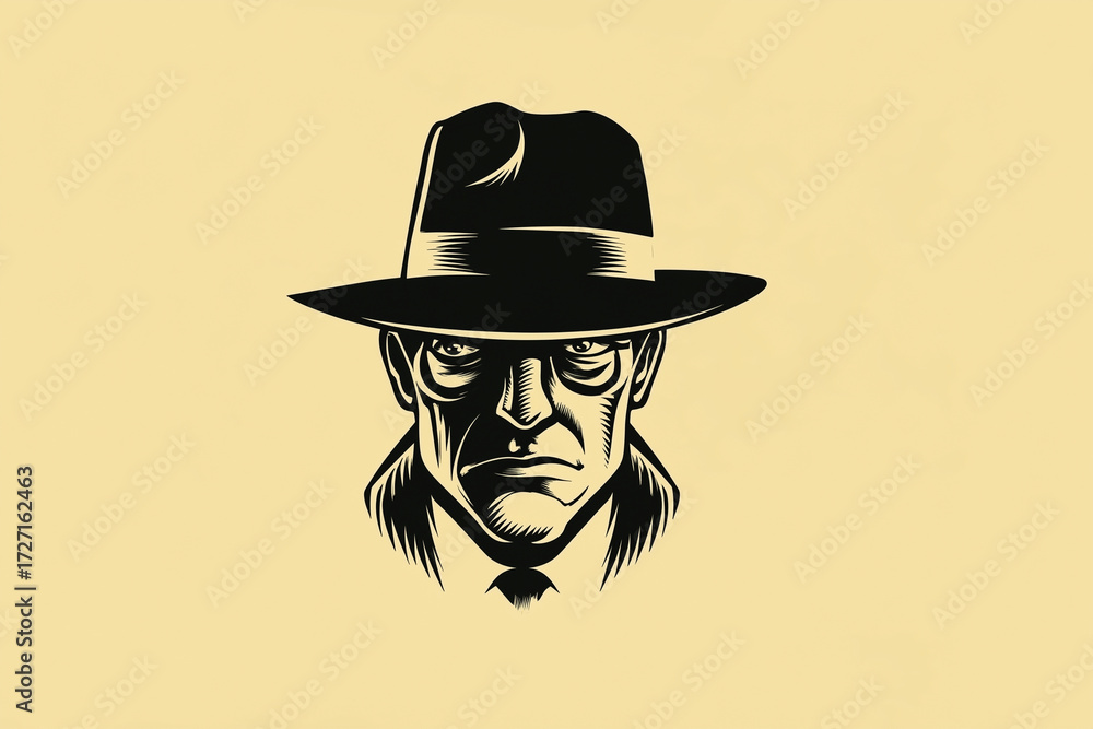 Angry mafia boss with fedora hat in black and white Stock Illustration ...