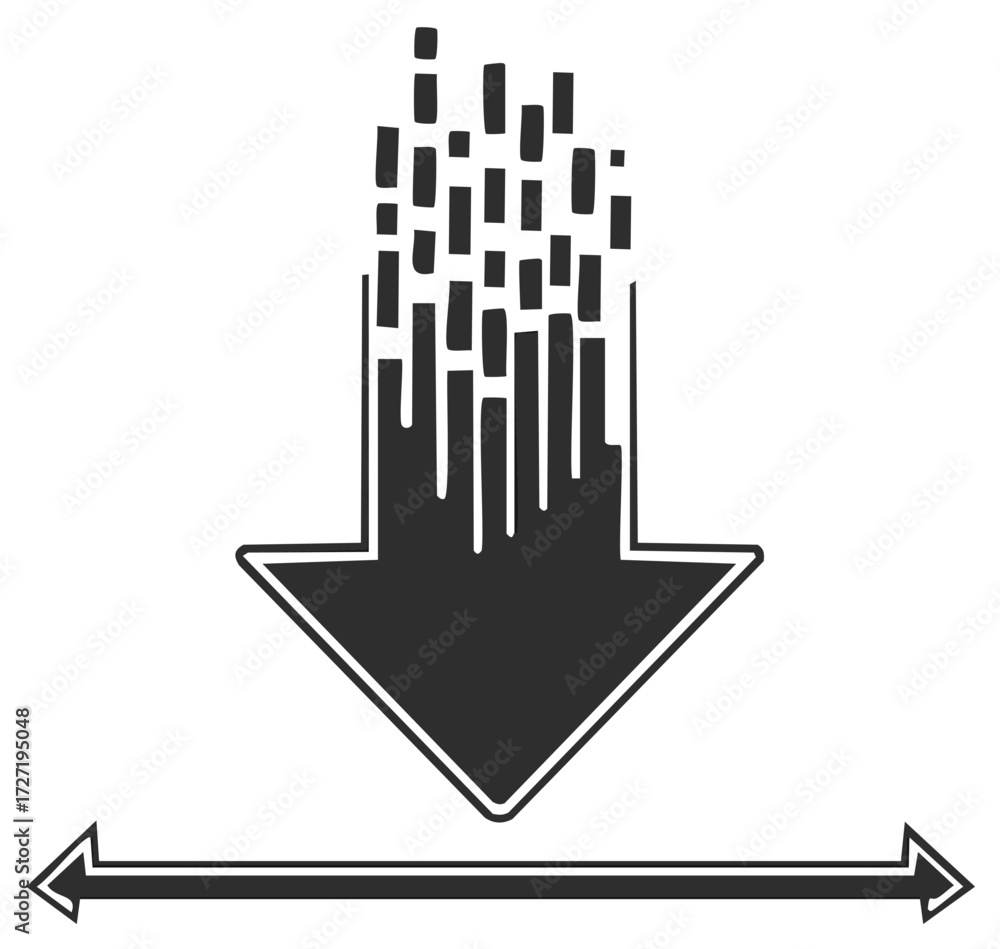 Hand drawn downward arrow breaking apart into pixels over a horizontal ...