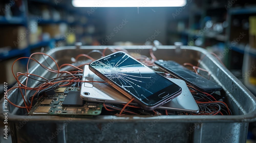 Electronic Waste Management Old Broken Smartphones in Metal Container ...