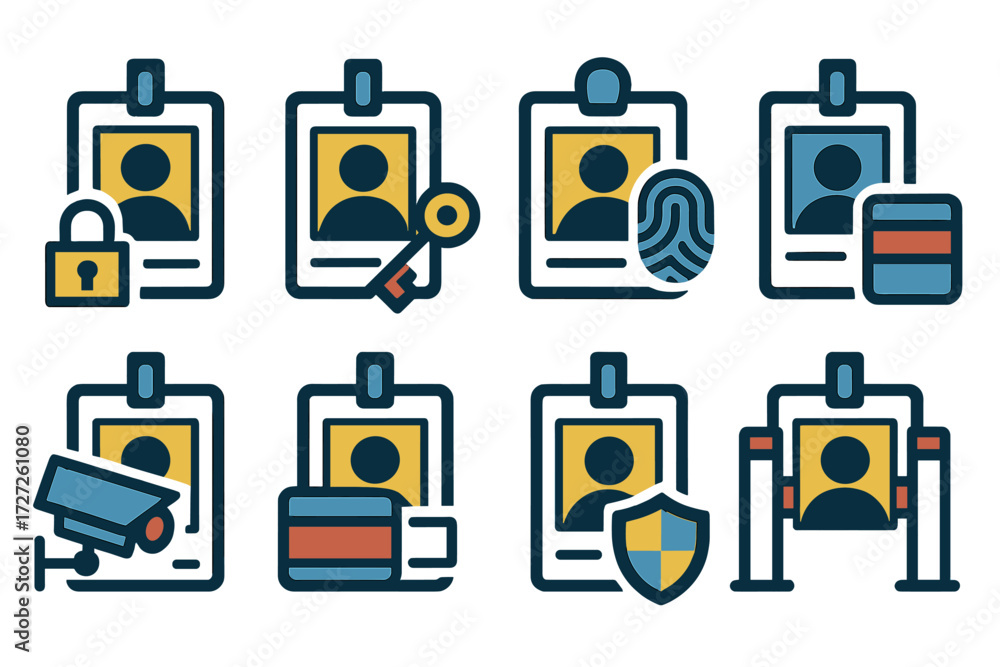 Identity and security flat icon set. featuring id card, lock, camera ...