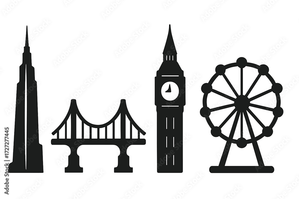 Silhouettes of famous landmarks including a skyscraper, bridge, clock ...