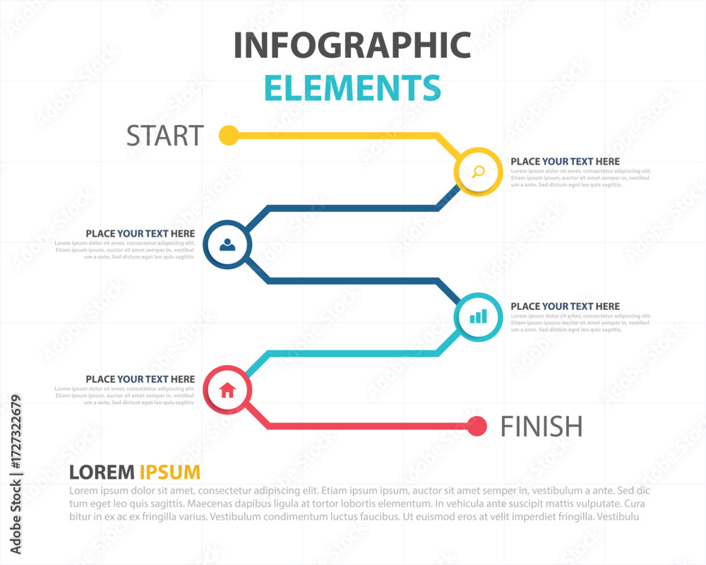 Infographic elements showing a step by step process with start and ...