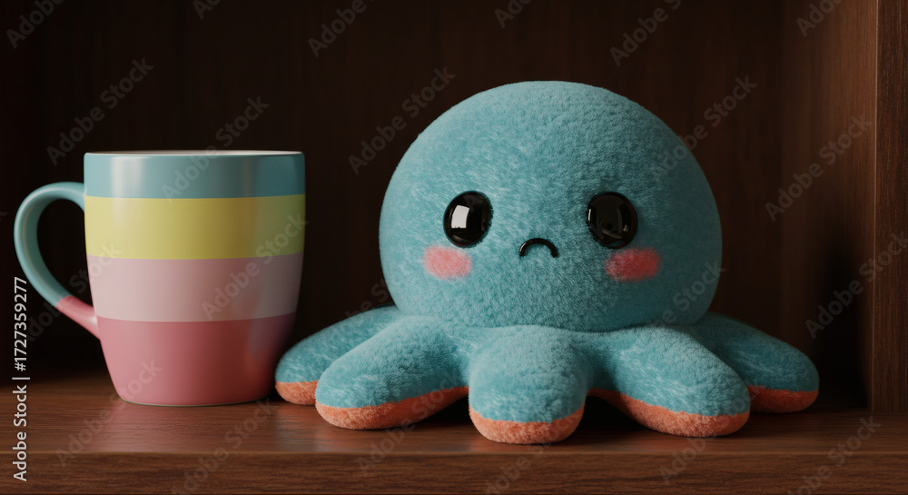 An adorable anime-style stuffed octopus, with huge shiny eyes and ...