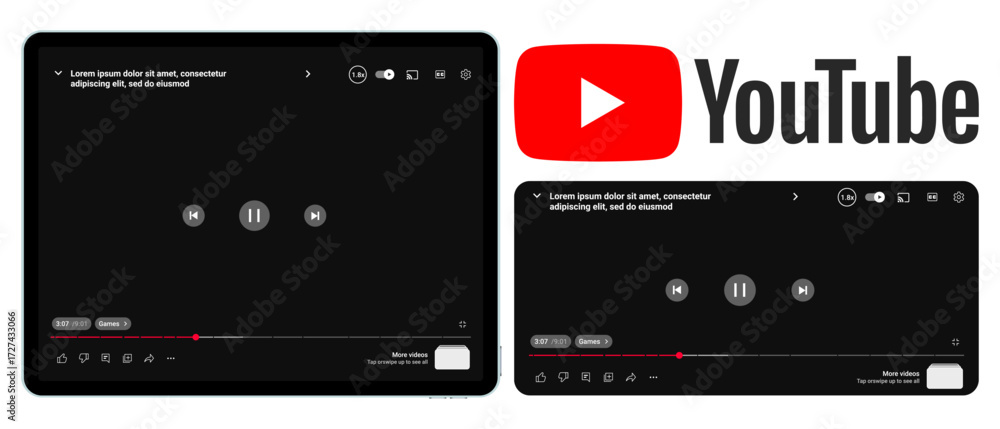 YouTube Tablet Interface Mockup — Dark Mode Video Player UI with ...