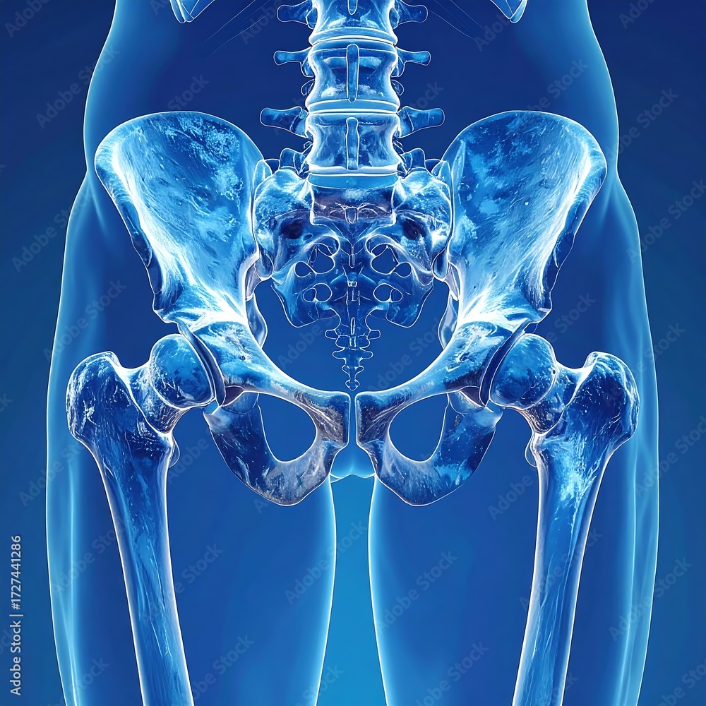 Posterior view of human pelvic bones and upper femurs, digitally ...