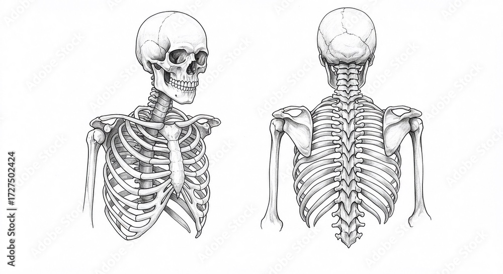 Anatomical illustration of the human upper torso skeleton, showing ...