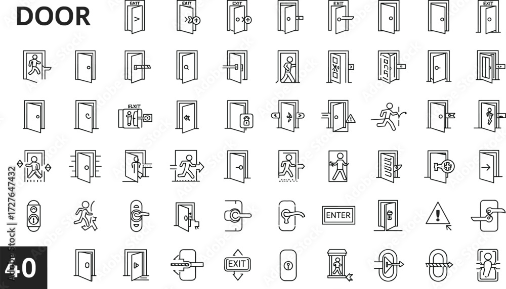 Door Icon Set Featuring Entry, Exit, Lock, Key, and Motion Symbols for ...