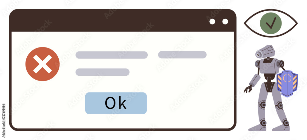 Webpage error message with red cross, confirmation button, robot with ...