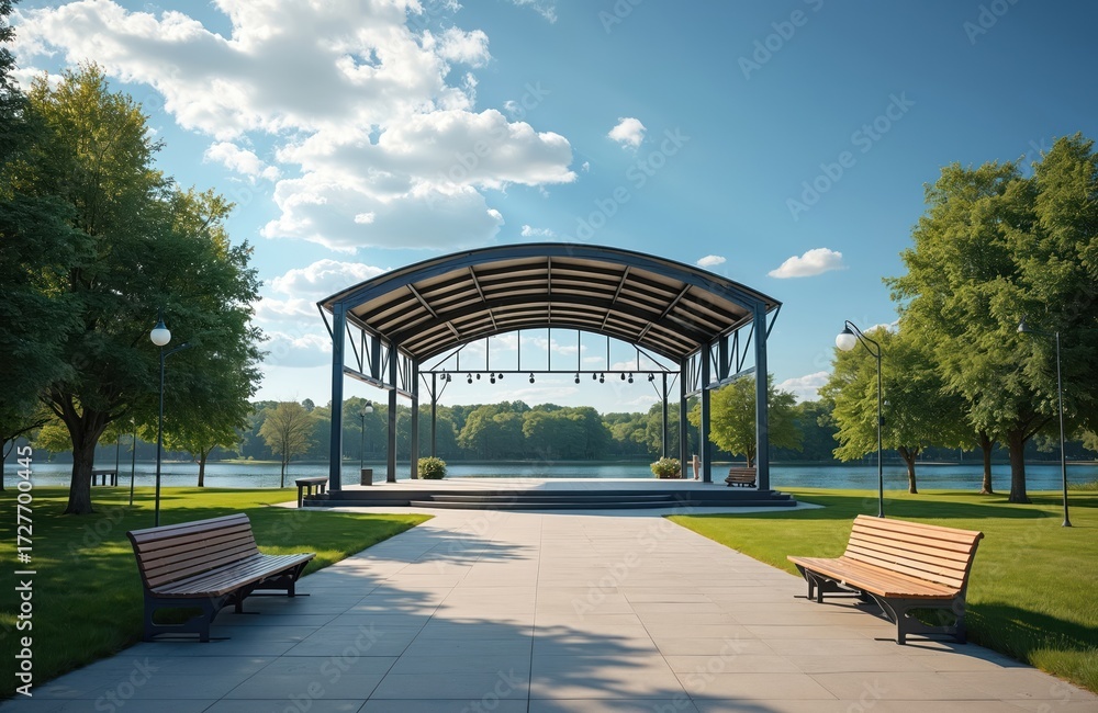 Modern park amphitheater stage with metal canopy roof and lighting rig ...
