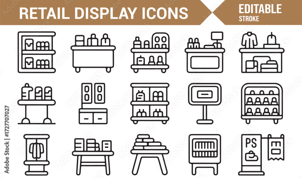 Minimal outline symbols of retail counters, racks, and promotional ...