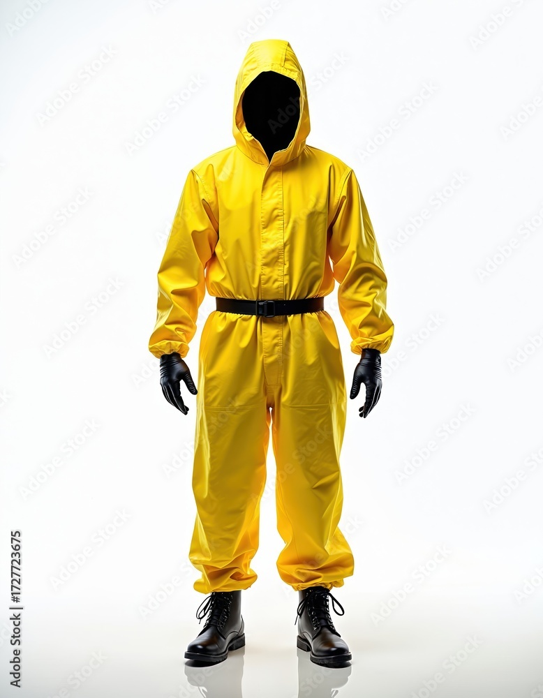 Person in yellow hazmat suit and black gloves stands, wearing protective hood, belt, and boots ...